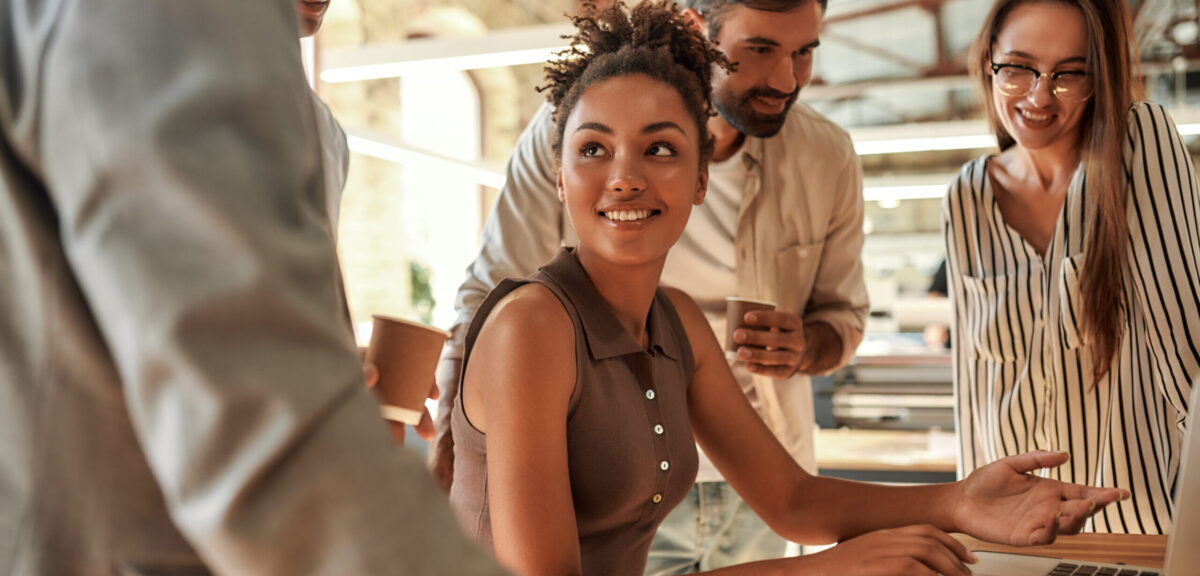 Working,Together.,Young,And,Cheerful,Afro,American,Woman,Using,Laptop ...